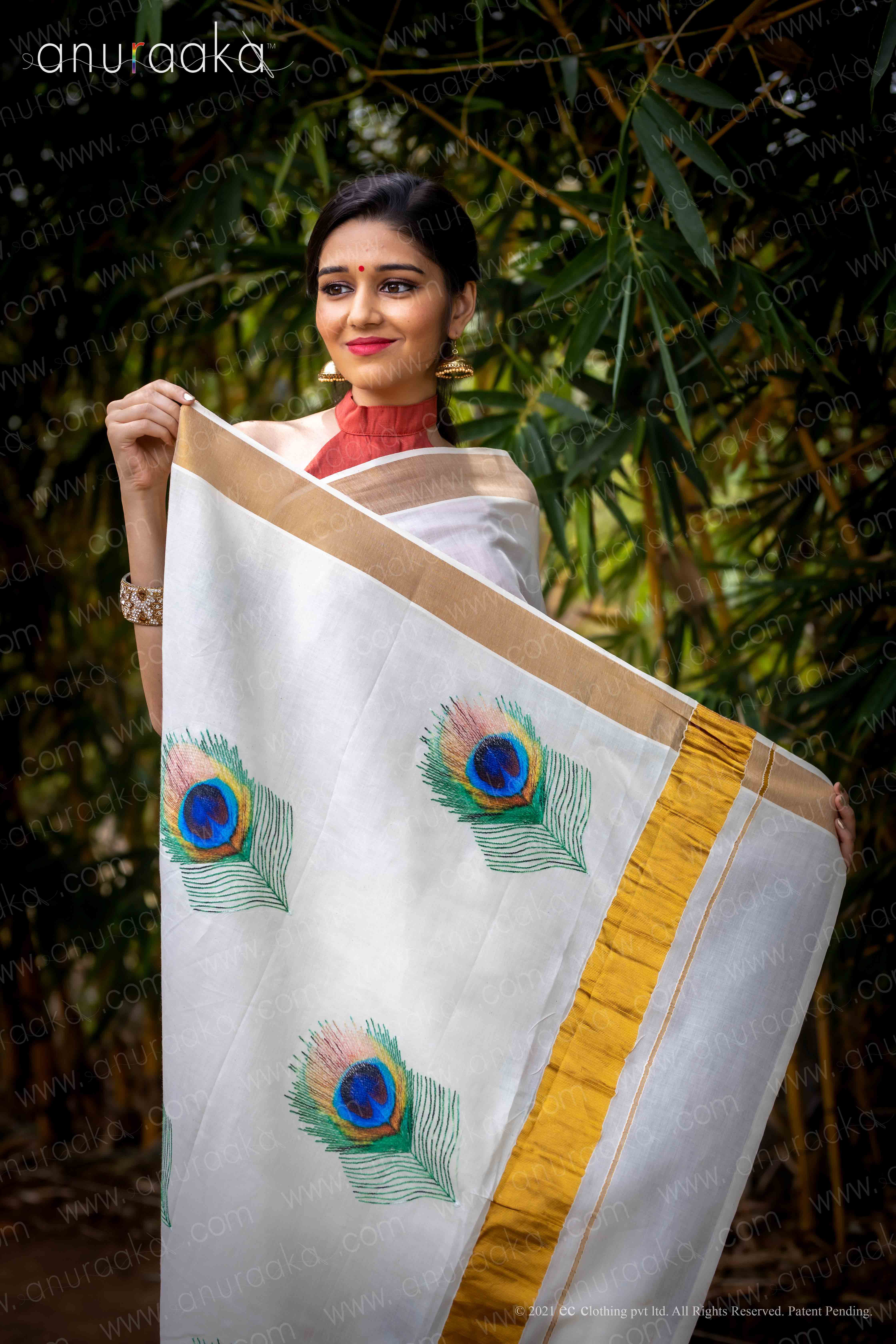 Peacock Feather Embroidery Saree - Anuraaka