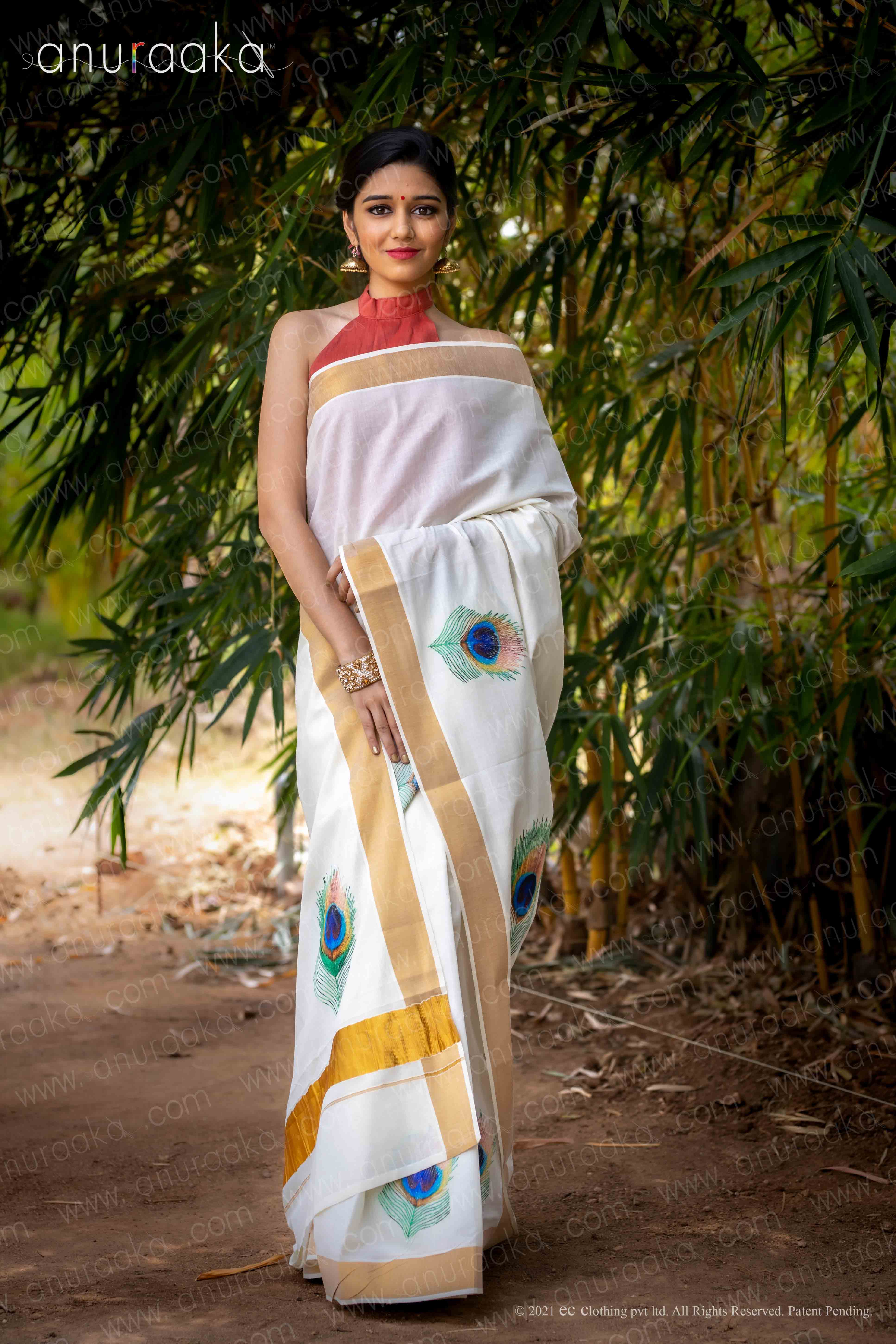 Peacock Feather Embroidery Saree - Anuraaka